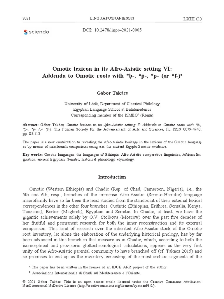Gabor Takacs, Omotic Lexicon in Its Afro-Asiatic Setting VI: Addenda To ...