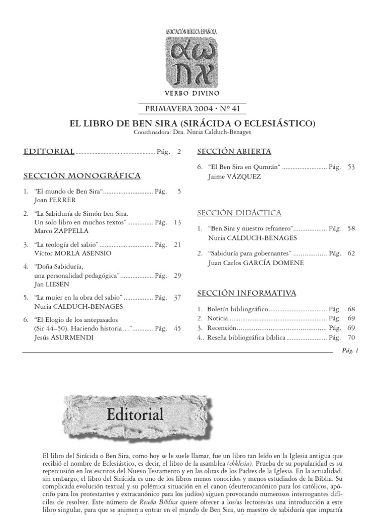El Libro de Ben Sira Siracida o Eclestiastico | PDF | Periodo ...