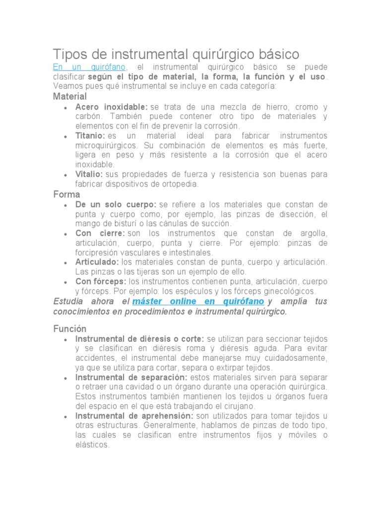 Tipos de instrumental quirúrgico básico | PDF | Cirugía | Medicina CLINICA