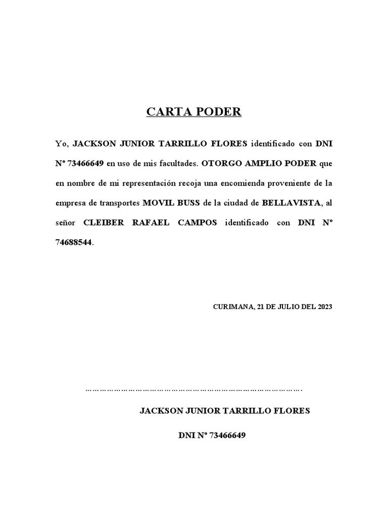 Carta Poder - Junior Tarrillo | PDF