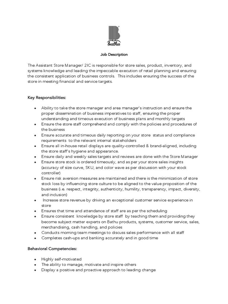 Job Description - Assistant Store Manager - Bathu - 2023 | PDF | Retail ...