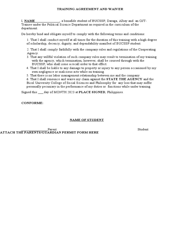 Training Aggrement and Waiver Ojt Bu | PDF