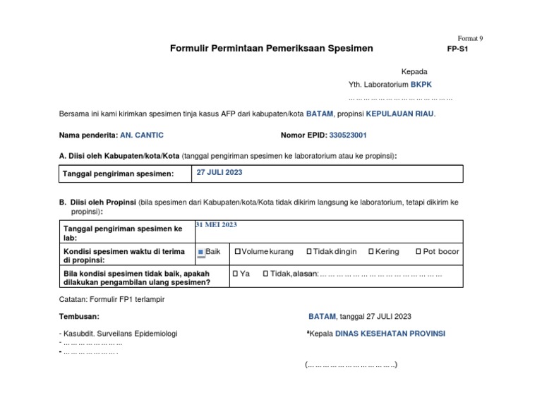 Form FP-4 Permintaan Pemeriksaan Spesimen AFP | PDF