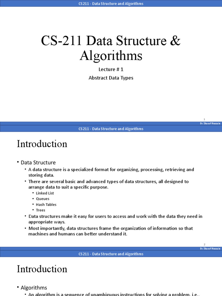 Cs 211 Data Structure And Algorithms Lecture1 Pdf Data Type Data Structure 