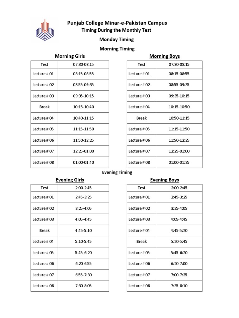 Punjab College Timings for 2025 | PDF