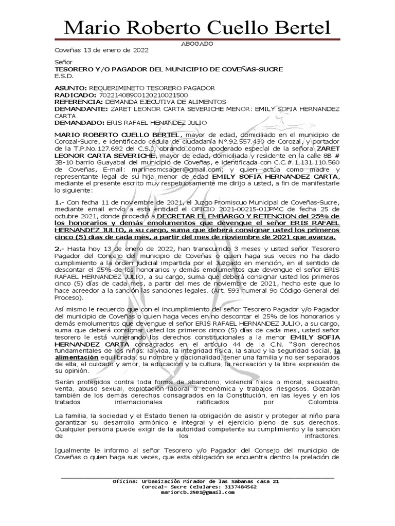 Requerimiento Tesorero Pagador Concejo de Coveñas Prelación de Crédito ...