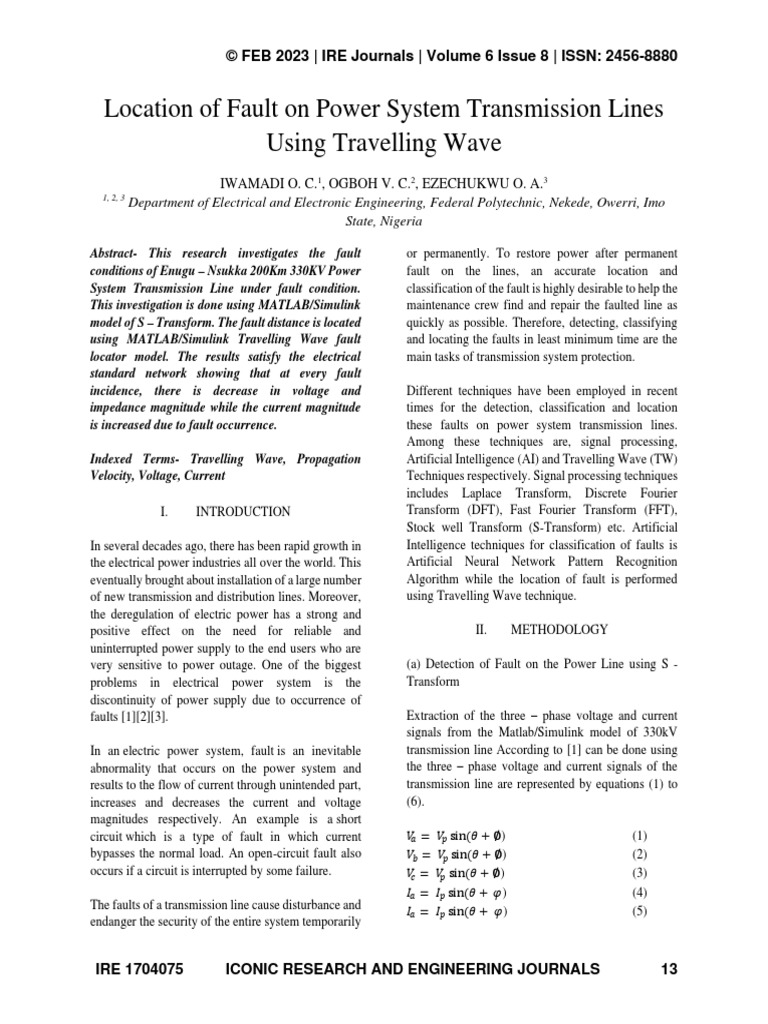 Location Of Fault On Power System Transmission Lines Pdf Transmission Line Waves