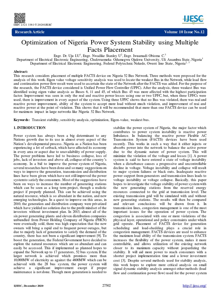 Optimization of Nigeria Power System Stability Using Multiple Facts Placement | PDF