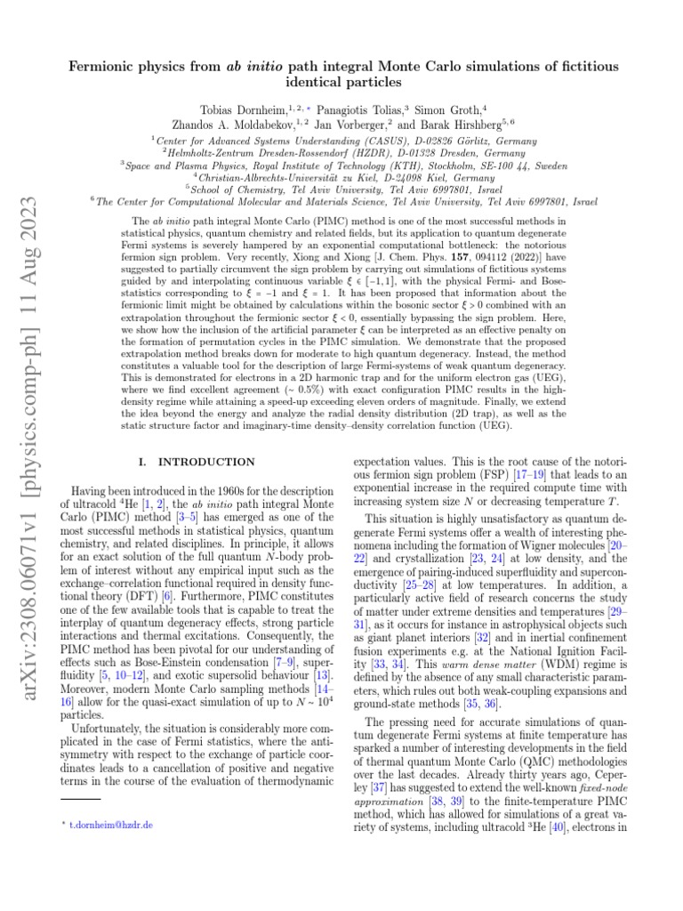 Fermionic Physics From Ab Initio Path Integral Monte Carlo Simulations of Fictitious Identical ...