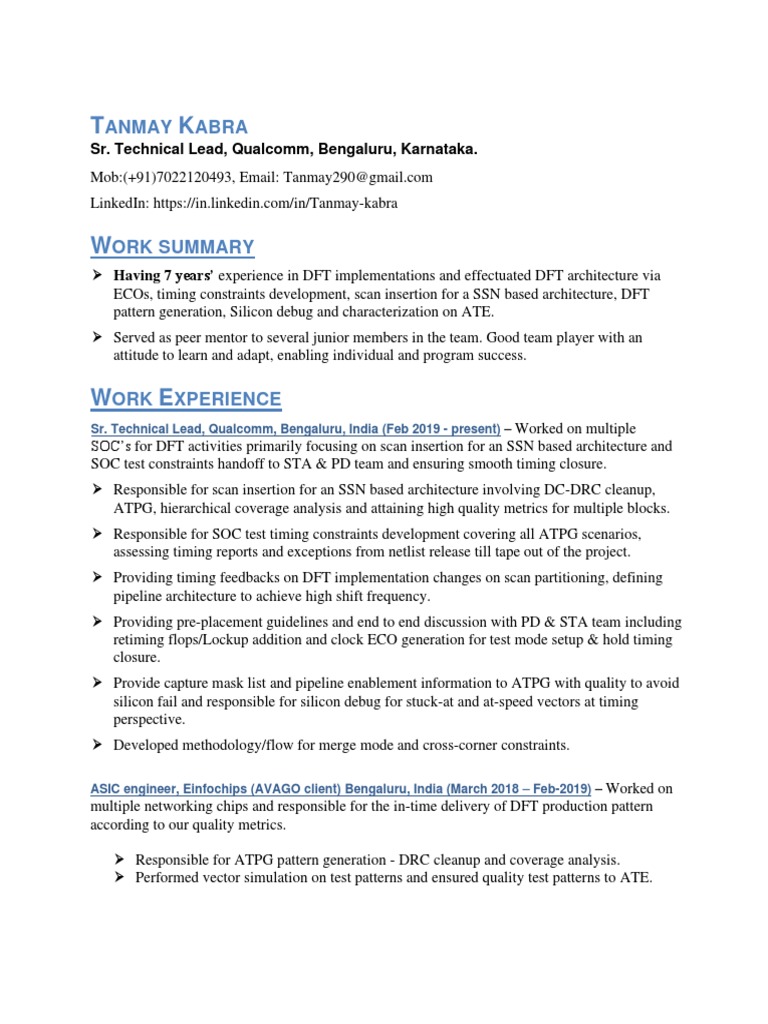 Tanmay Kabra 7years DFT CV | PDF | Hardware Description Language | Computer Engineering