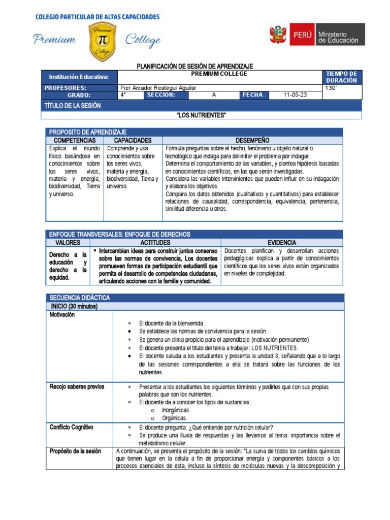 Sesion-De-Aprendizaje-C Y T - 4 - Secundaria - LA NUTRICION 11-05-23 | PDF | Nutrición | Dieta y ...