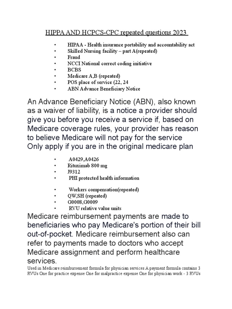 Hippa & Hcpcs- Cpc Repeated Questions 2023 (1) | PDF