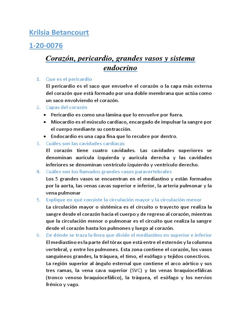 Corazón, Pericardio, Grandes Vasos y Sistema Endocrino Krilsia | PDF ...