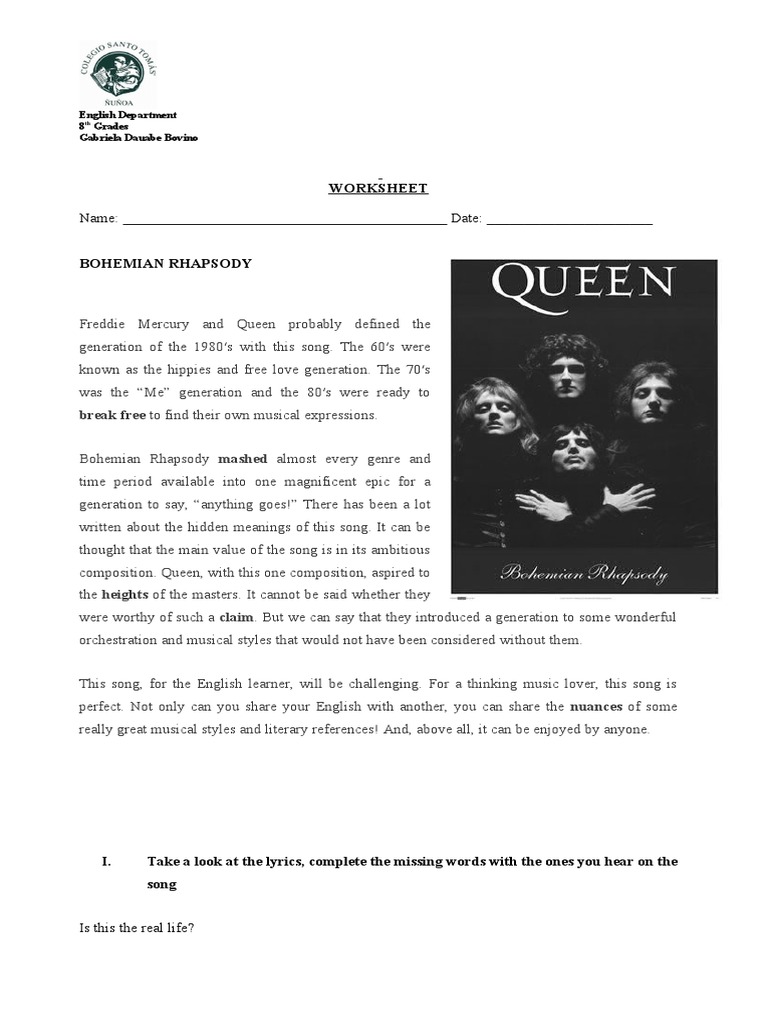 Bohemian Rhapsody Worksheet for 8th Graders | PDF | Performing Arts
