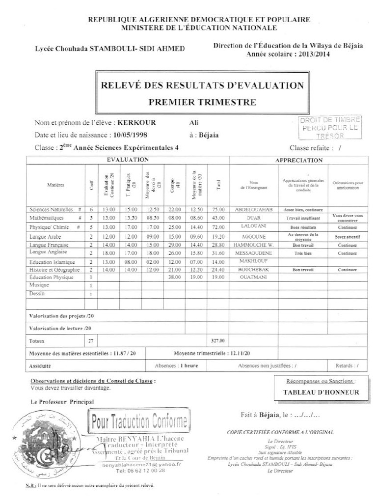 bulletin de note 2ème année lycée | PDF