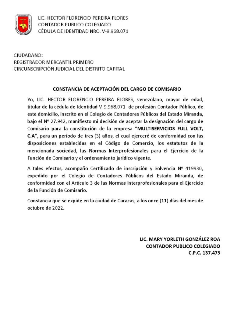 Carta de Aceptacion Comisario | PDF