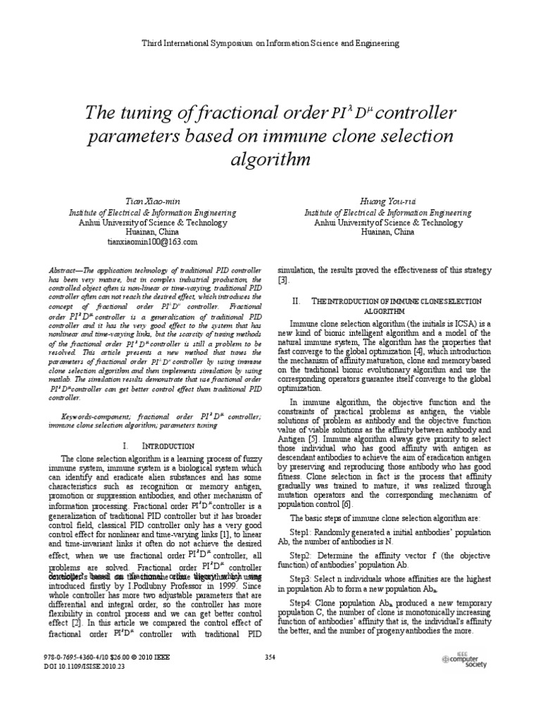 The Tuning of Fractional Order Controller Parameters Based On Immune Clone Selection Algorithm ...