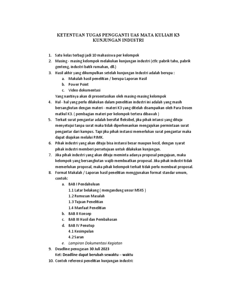 Ketentuan Tugas Pengganti Uas Mata Kuliah k3 | PDF