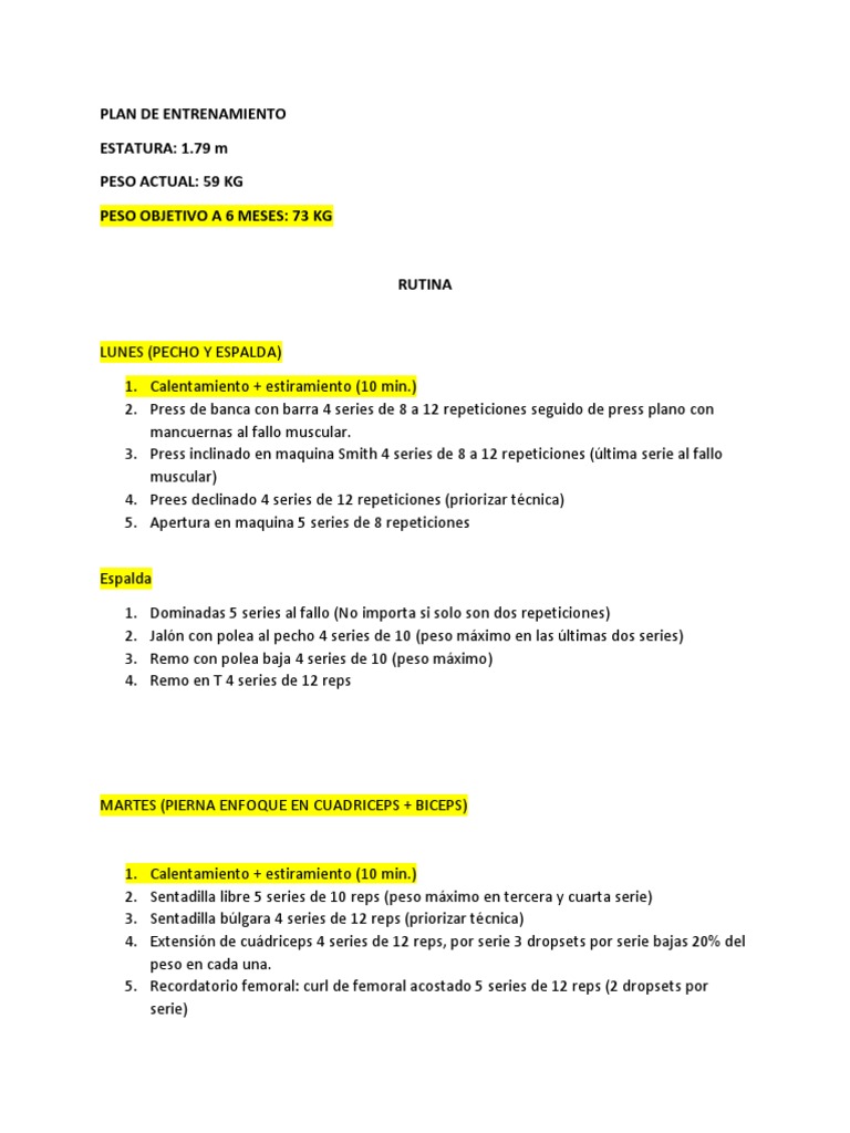 Plan de Entrenamiento | PDF | Anatomía humana | Entrenamiento con pesas