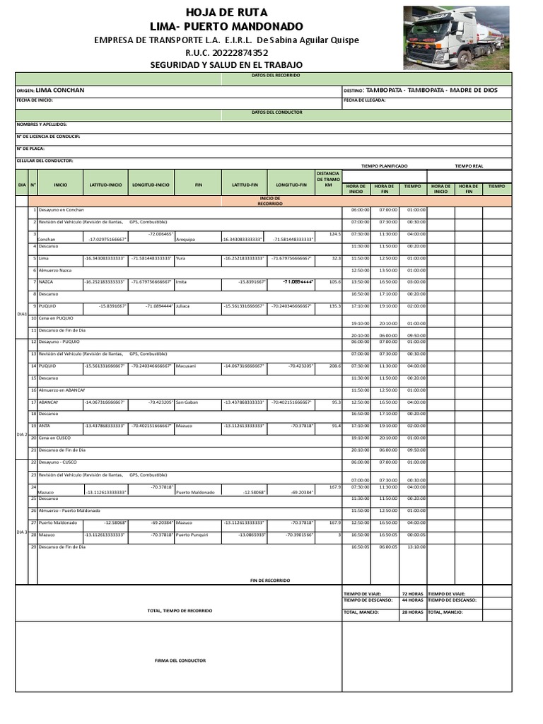 Hoja de Ruta Lima Puerto Maldonado | PDF | Transporte