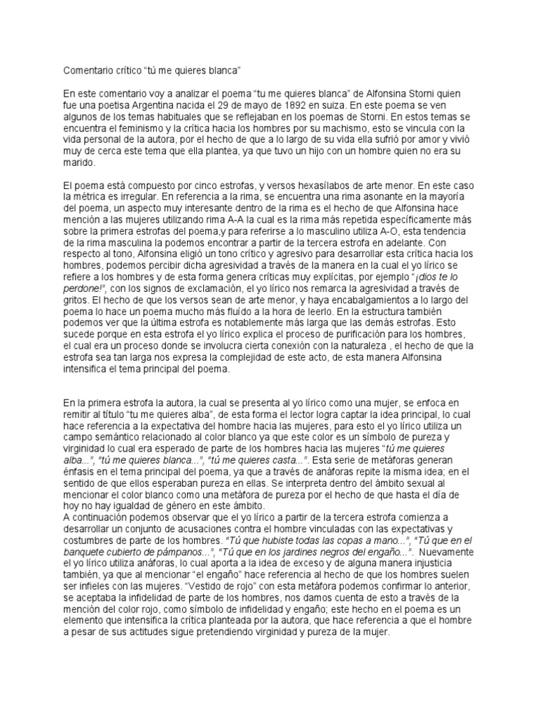 Análisis del poema "Tú me quieres blanca" | PDF | Rima | Metro (poesía)