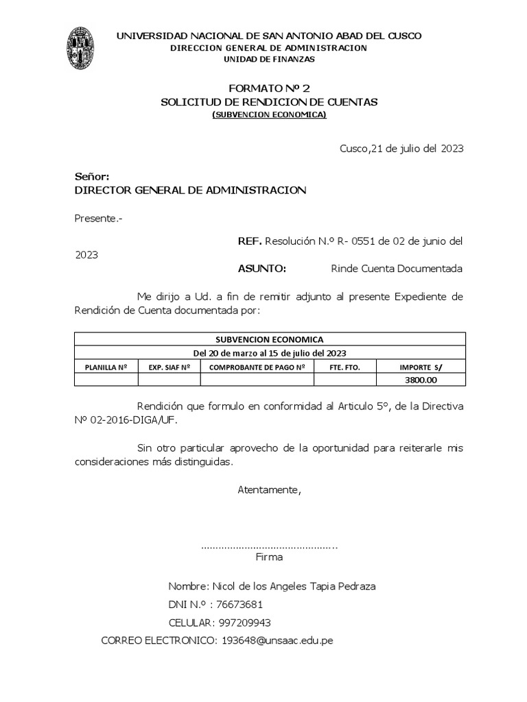 Formato #2 - Rendicion de Cuentas Subvencion Economica | PDF Formato #2 - Rendicion de Cuentas Subvencion Economica | PDF