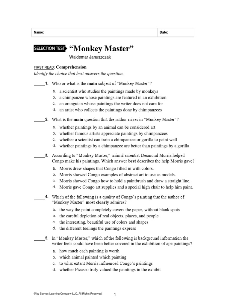 "Monkey Master" Comprehension Test | PDF | Paintings | Monkey