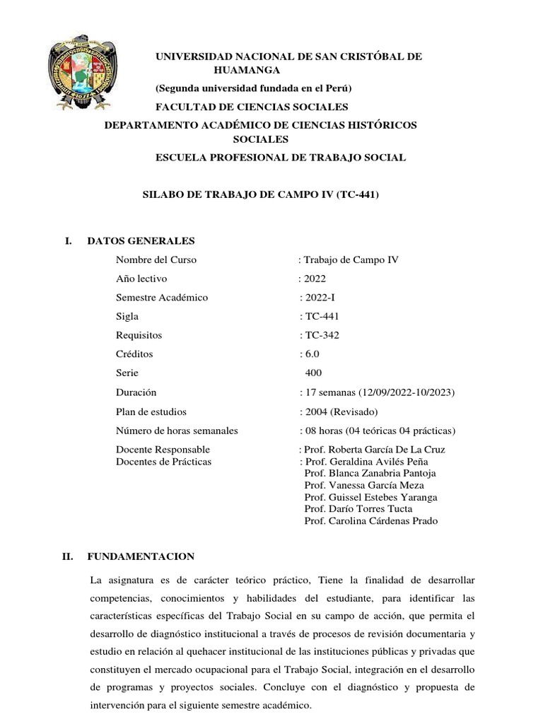 Silabo - Tc-441 - Trabajo de Campo IV | PDF