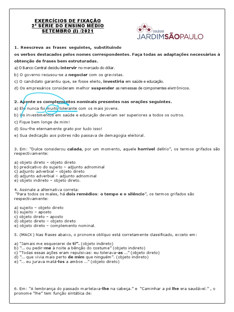 Exercícios de Complemento Nominal | PDF