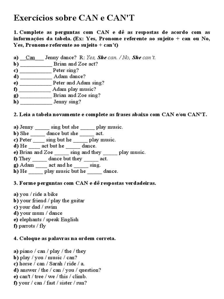 Exercícios verbo modal CAN - 9º | PDF