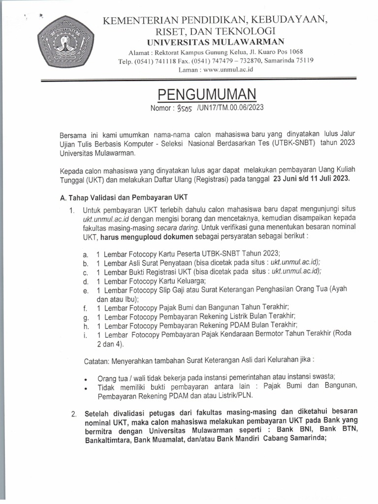 Pengumuman UTBK SNBT 2023 | PDF