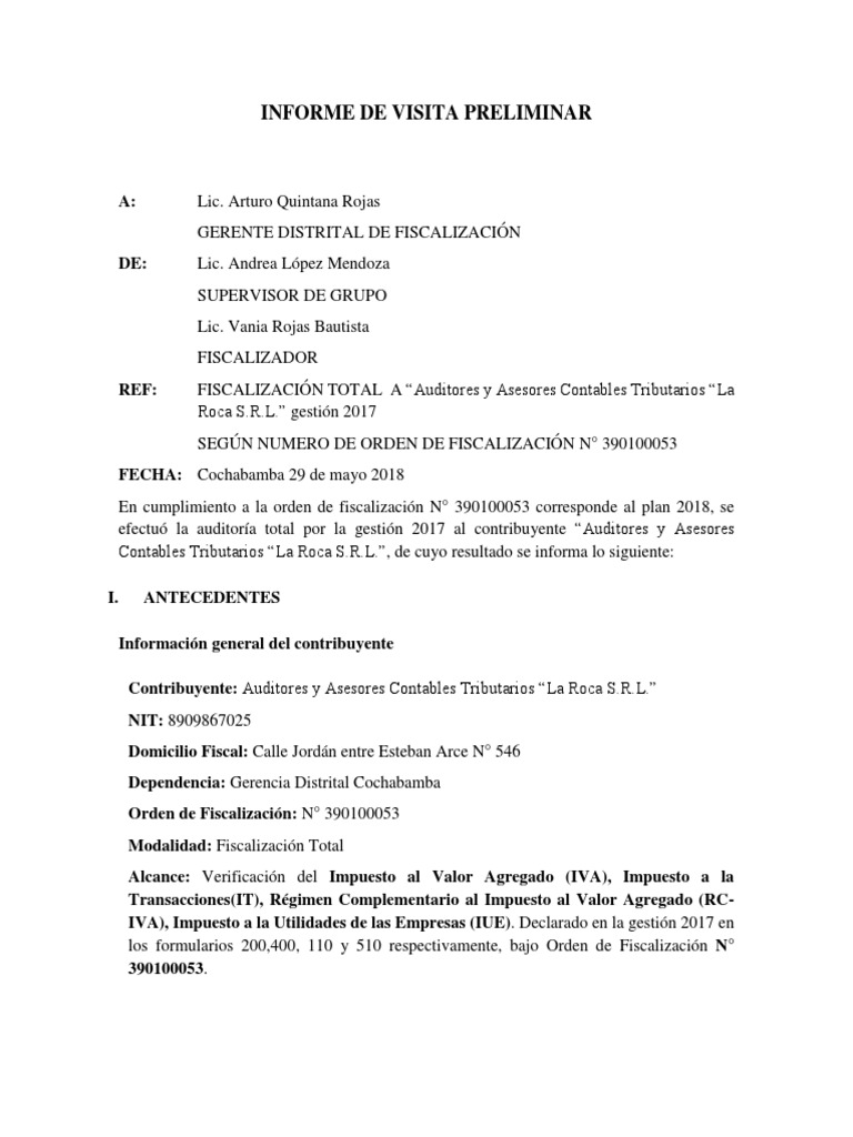 Informe de Visita Preliminar Oficial | PDF