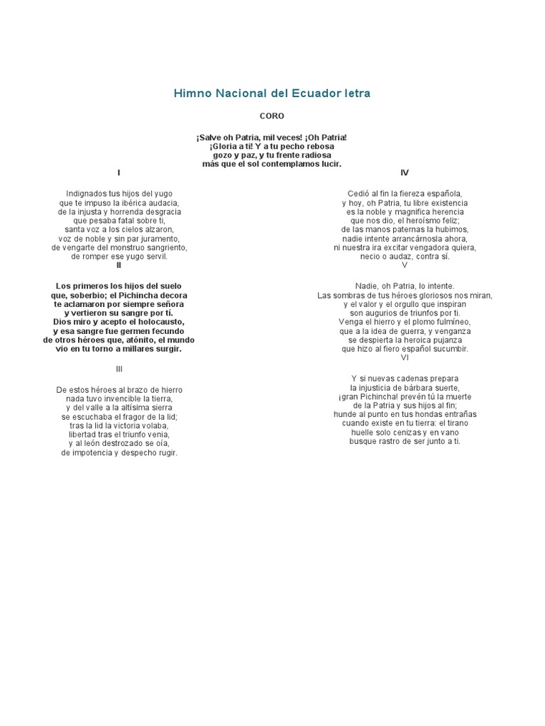 Himno Nacional Del Ecuador Letra | PDF