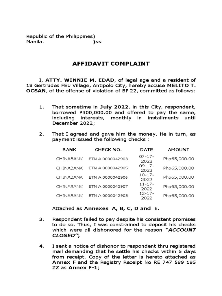 Complaint Affidavit Winnie Edad BP 22 | PDF