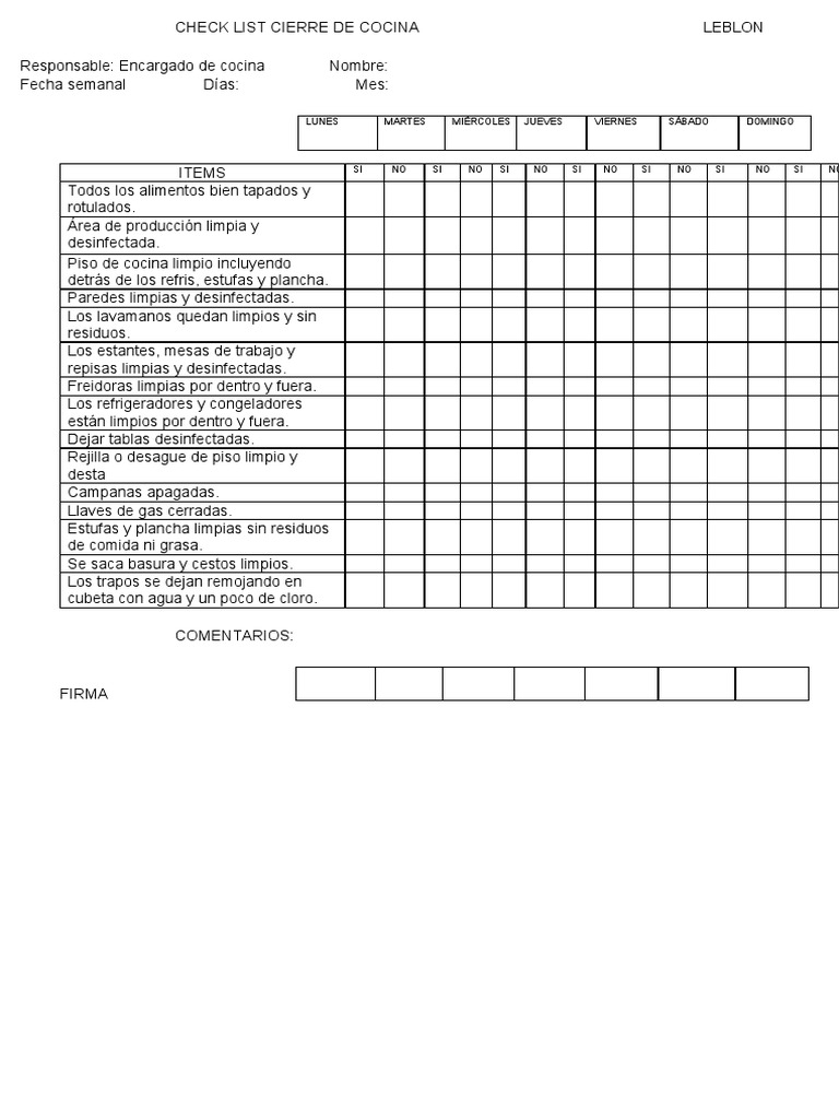 Check List Cierre de Cocina Leblon | PDF | Cocina, comidas y vino