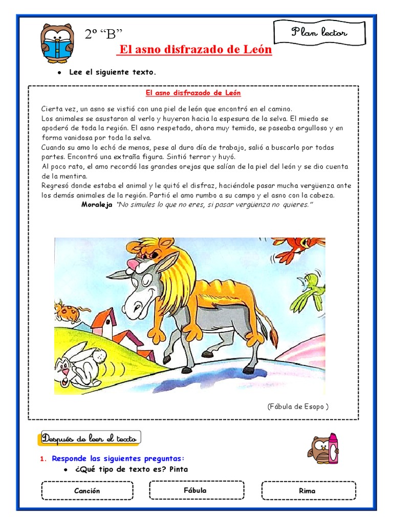 Ficha D4 Plan Lector El Asno Disfrazado de Leon | Descargar gratis PDF ...