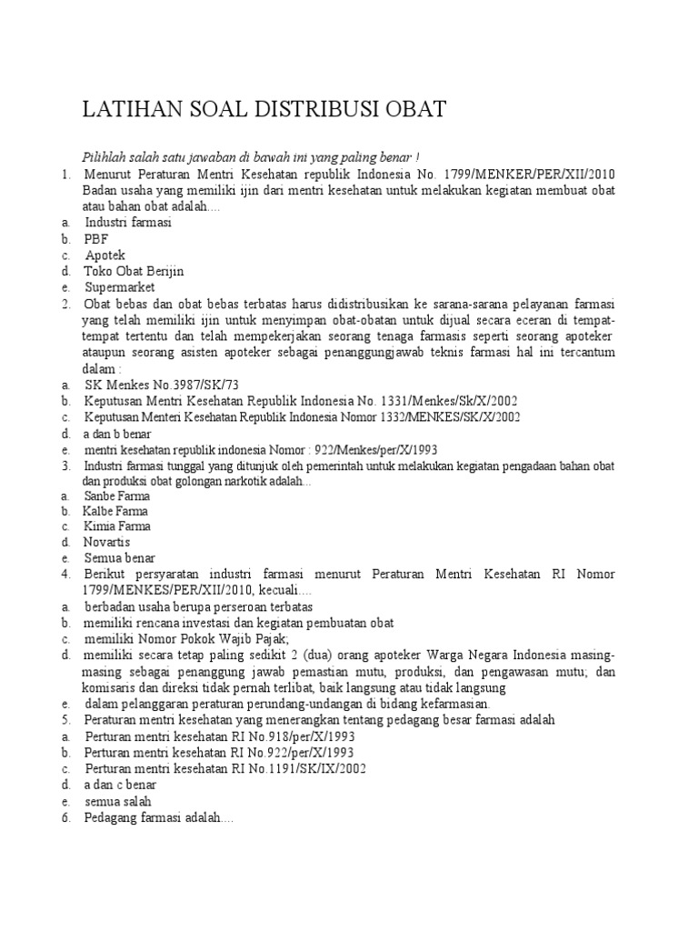 Soal Latihan Distribusi Obat dan PBF | PDF | Pengembangan Diri ...