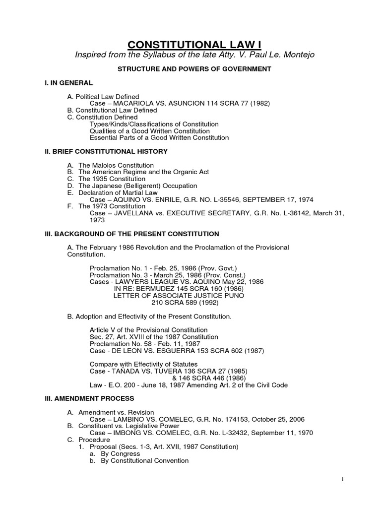 Constitutional Law i Syllabus Part i | PDF