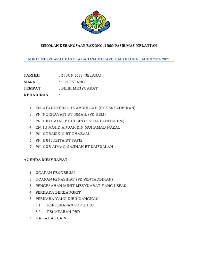 Minit Mesyuarat Kali 2 Tahun 2022 | PDF