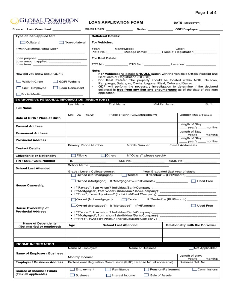 Loan Application Form: Borrower'S Personal Information (Mandatory ...