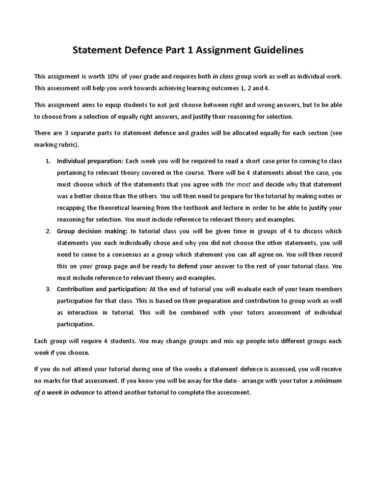 Statement Defence Part 1 Guidelines and Rubric | PDF | Career & Growth