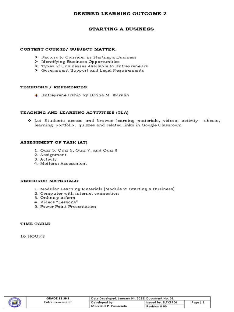 Desired Learning Outcome 2 (Entrep) | Download Free PDF ...