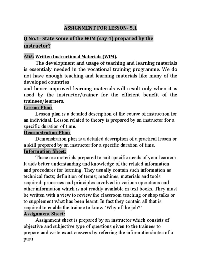 Assignment For Lesson-5.1 Q No.1 - State Some of The WIM (Say 4) Prepared by The Instructor? Ans ...