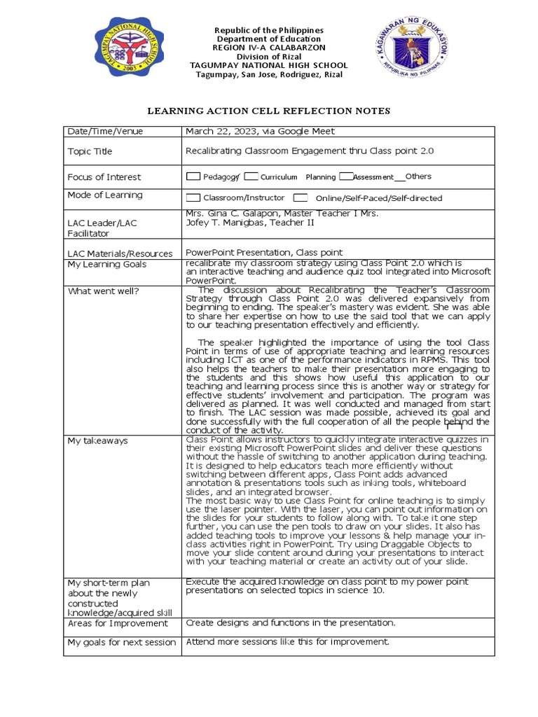 Reflection Notes 3 Recalibrating Classroom Engagement Thru Class Point ...