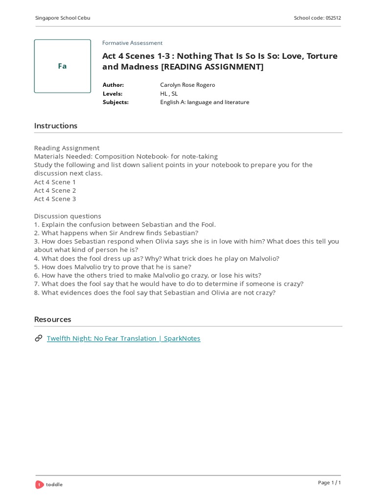 Act 4 Scenes 1-3 Nothing That Is So Is So Love, Torture and Madness (READING ASSIGNMENT) | PDF