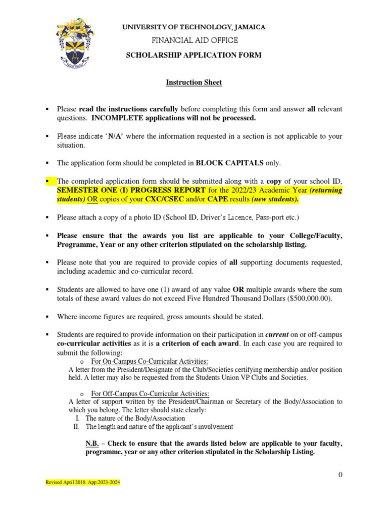 Scholarship Application Form 2023 2024 | PDF