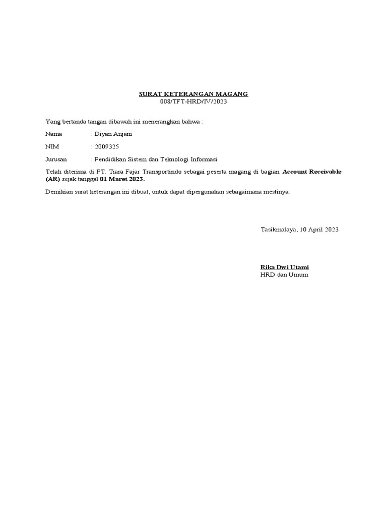 Surat Keterangan Magang | PDF