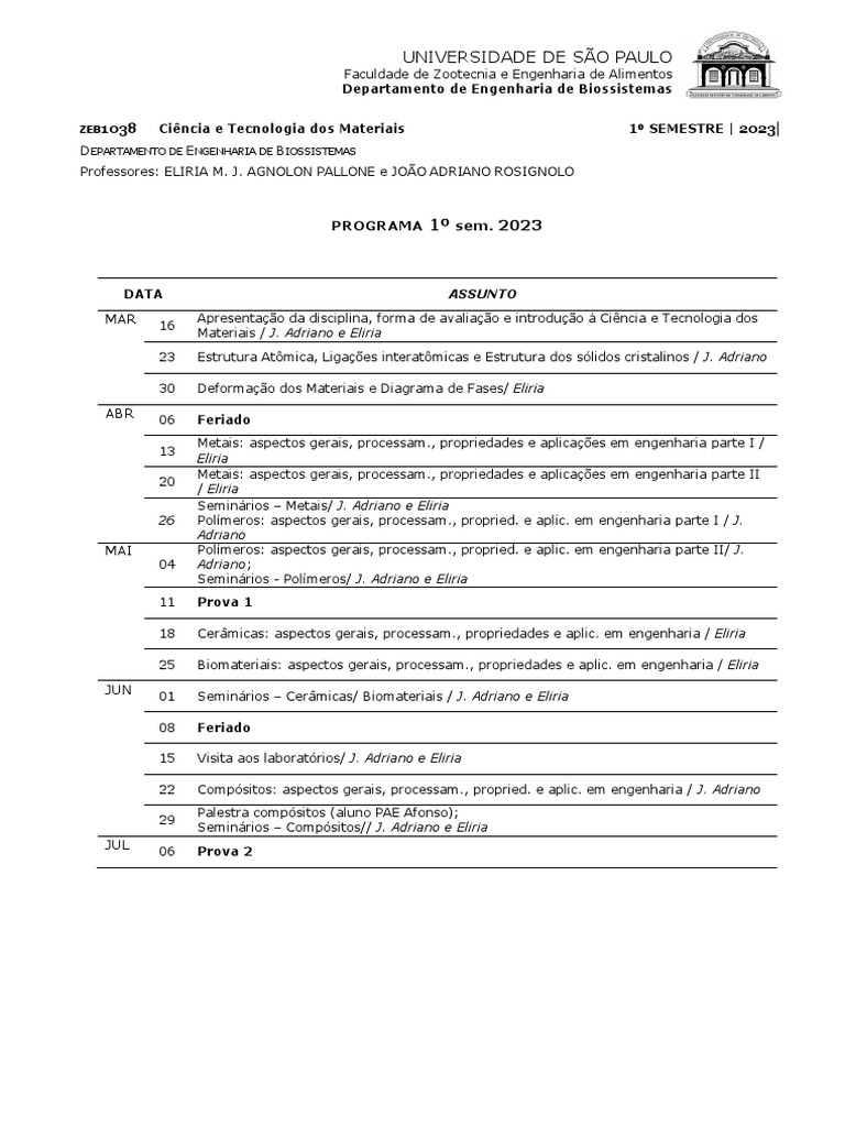 ZEB1038 - Programa (2023) | PDF | Material composto | Ciência de Materiais