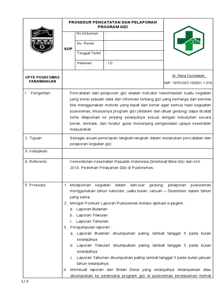 Sop Prosedur Pencatatan Dan Pelaporan Program Gizi | PDF
