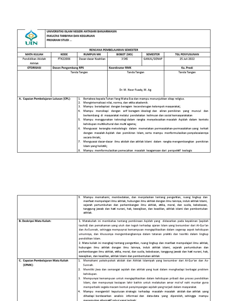 RPS Pendidikan Akidah Akhlak | PDF | Karier & Perkembangan | Sains & Matematika